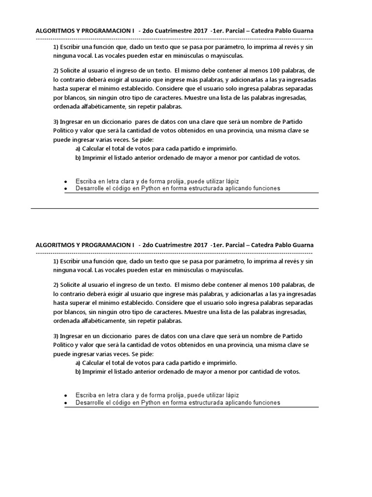 1er Parcial 2docuatri 2017 | PDF | Caso de carta | Python (lenguaje de ...