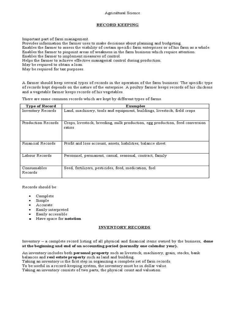 Record Keeping: Agricultural Science | PDF | Farms | Farmer