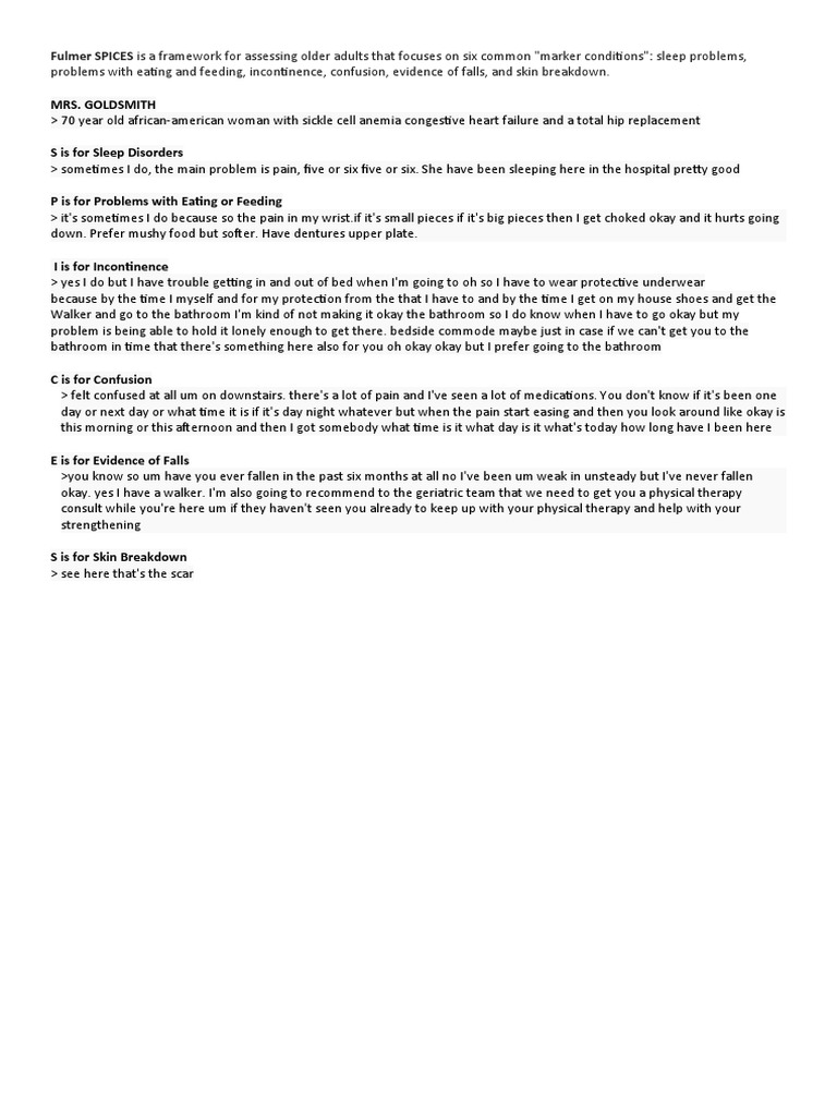 Fulmer SPICES Assessment for Seniors | PDF