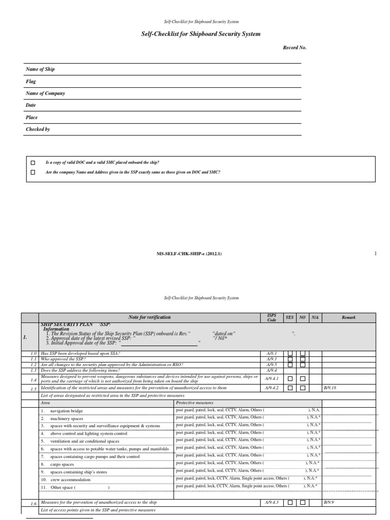 Self-Checklist For Shipboard Security System: Record No | PDF | Business