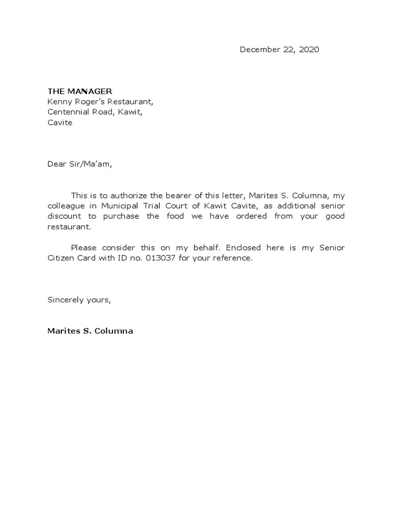 LETTER - Senior Citizen Discount Authorization | PDF
