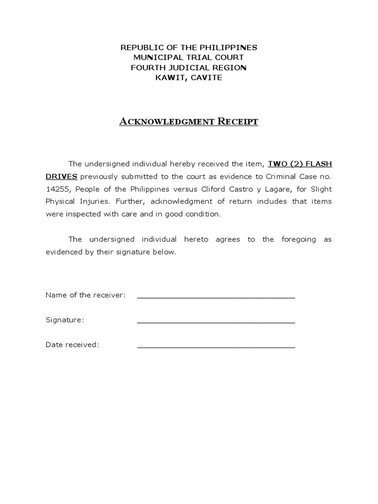Acknowledgment Receipt - Return of Item Exhibits | PDF