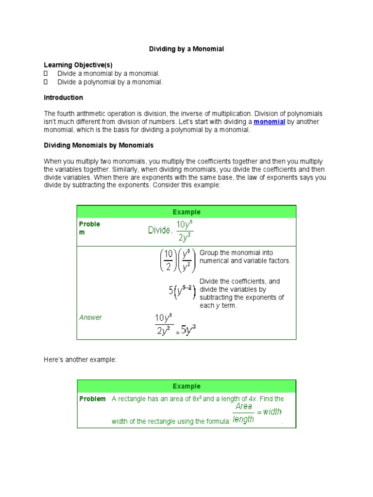 Dividing by A Monomial Learning Objective(s) : Example Proble M | PDF | Polynomial | Factorization