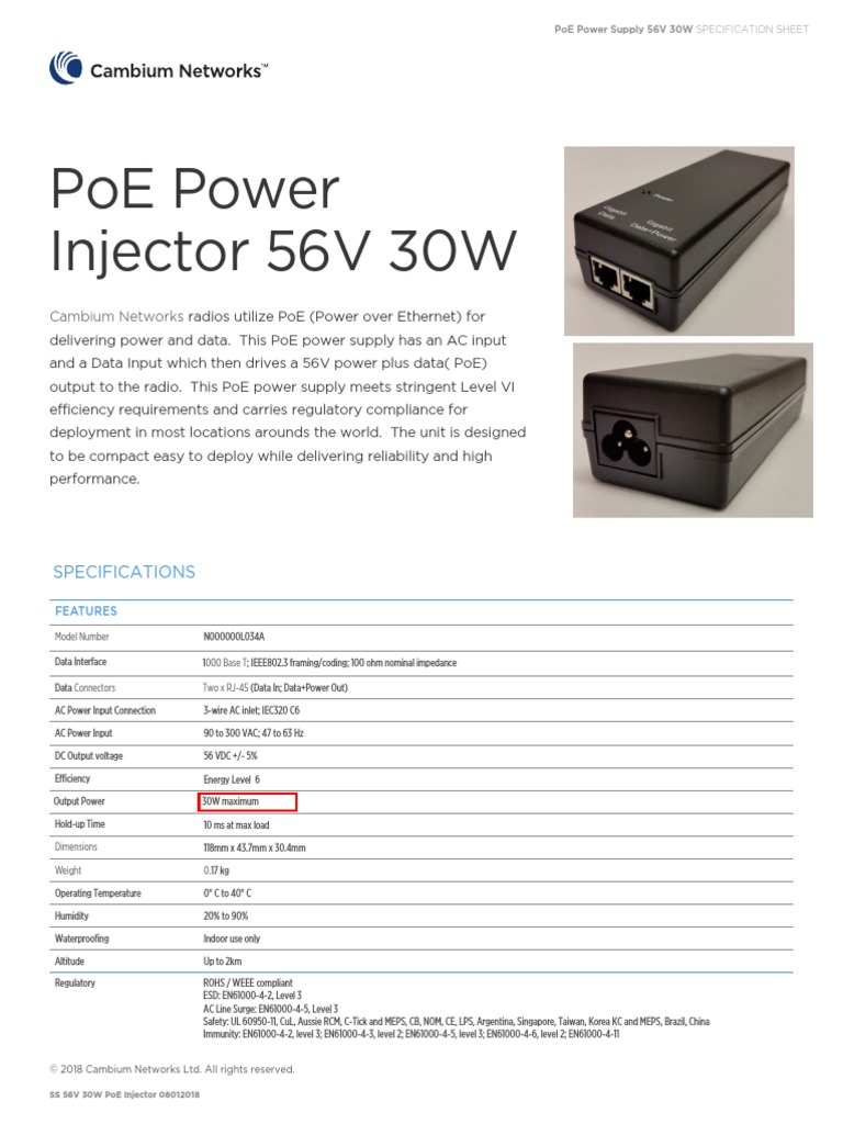 Poe Power Injector 56V 30W: Specifications | PDF