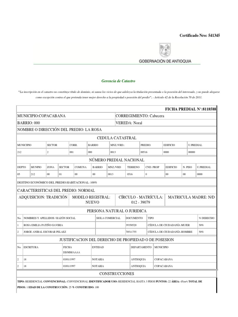 Certificado Ficha Predial 8118588 | PDF | Albañilería | Ingeniería de Edificación
