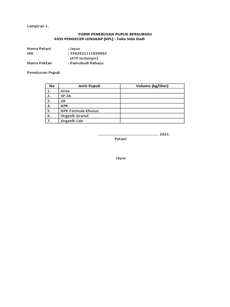 Form Penebusan Pupuk Bersubsidi | PDF | Volume