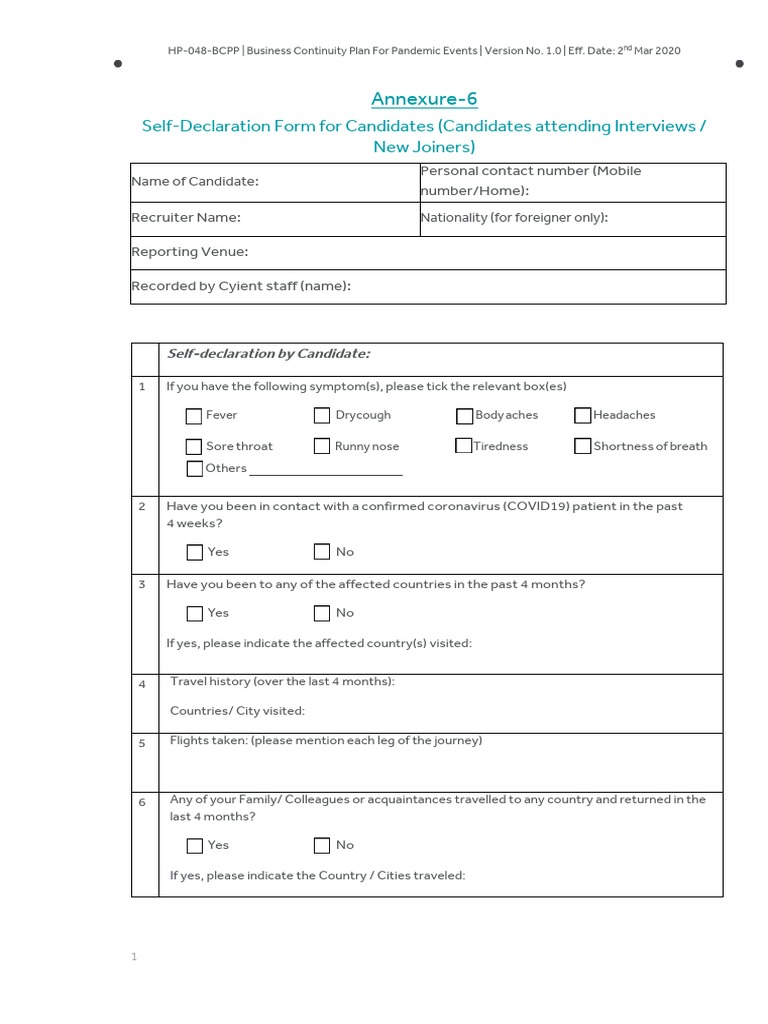 Candidate Self-Declaration Form | PDF | Respiratory Diseases | Health ...
