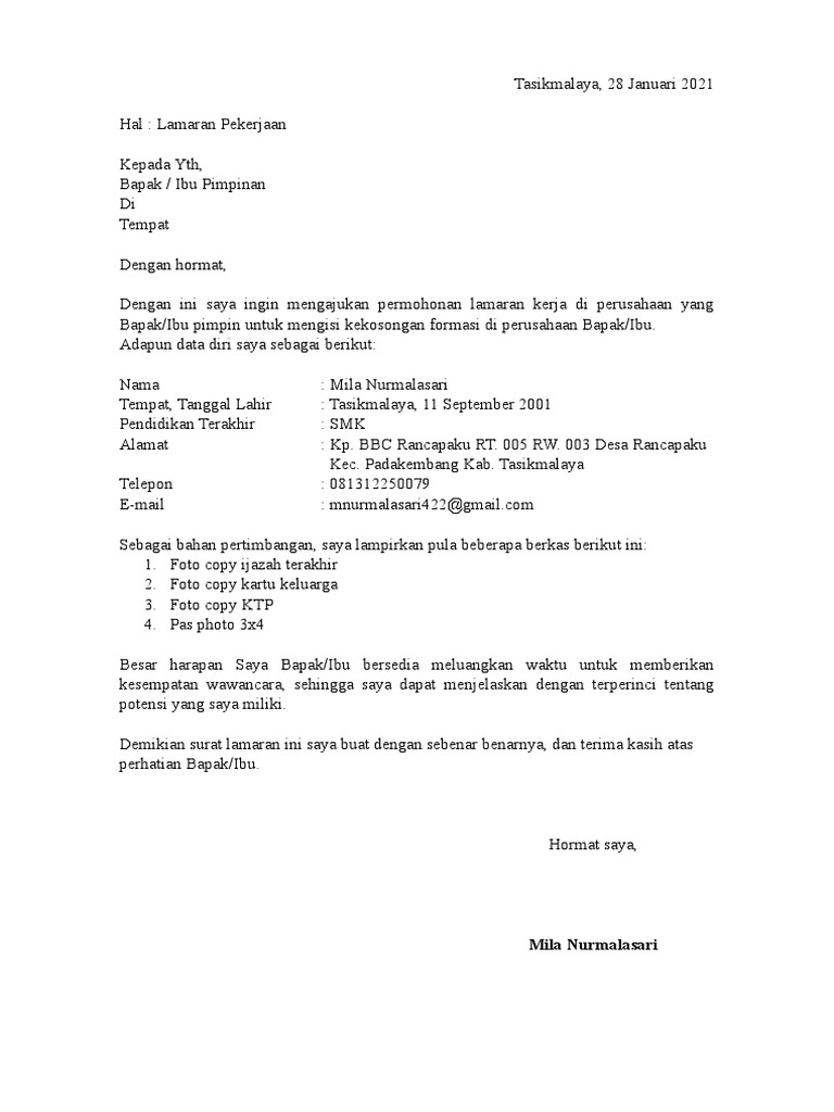 Surat Lamaran DAN CV MILA | PDF