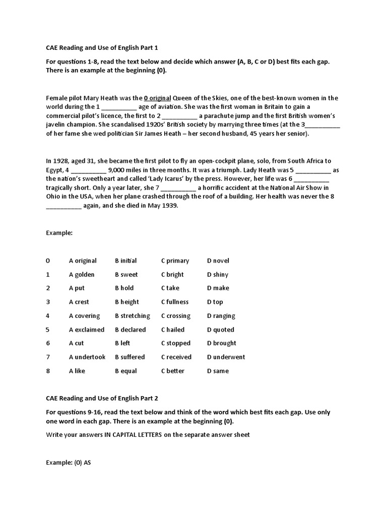 CAE Reading and Use of English Parts 1 - 2 - 3 - TEST - 2 | PDF ...
