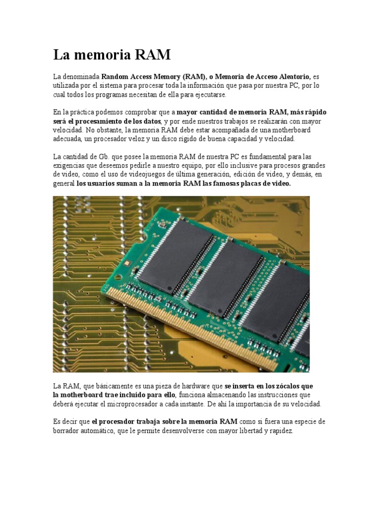 La Memoria RAM | PDF | Memoria de acceso aleatorio | Almacenamiento de ...