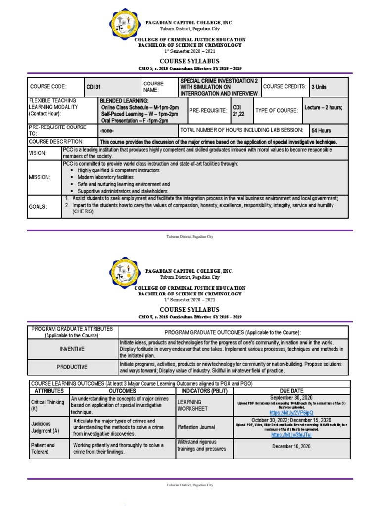 Special Crime Investigation 2 Course Syllabus: Understanding Major Crimes Through Special ...