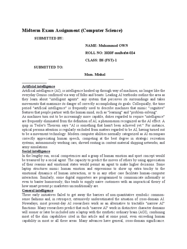 Midterm Exam Assignment (Computer Science) | PDF | Artificial ...