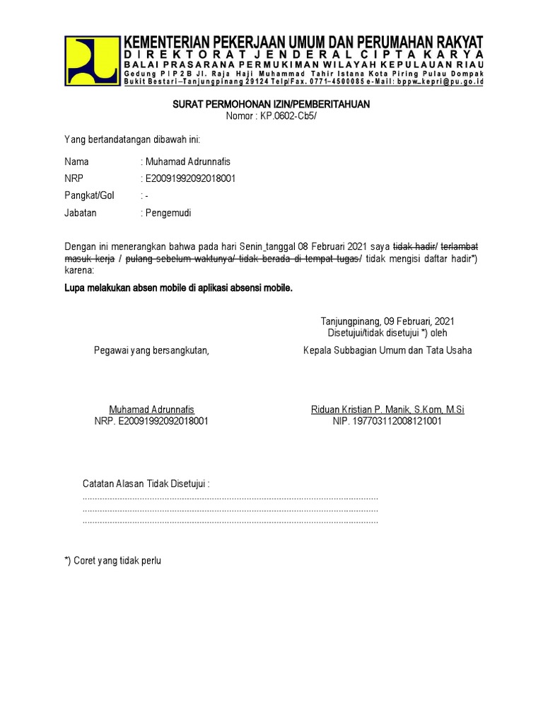 Surat Izin Lupa Absen Kerja | PDF