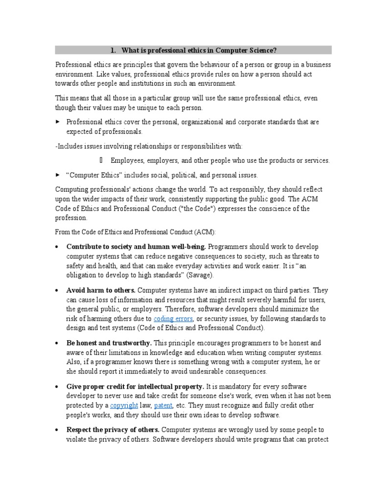 What Is Professional Ethics In Computer Science Pdf Computer