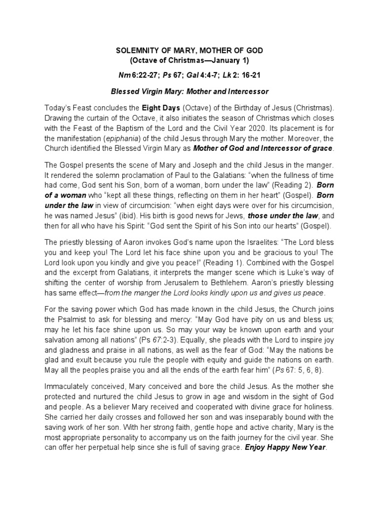 Solemnity of Mary: Mother of God | PDF | Grace In Christianity | Jesus