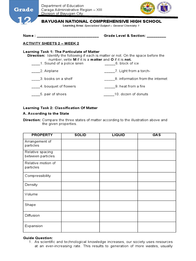 Grade 12 General Chemistry Activity Sheets | PDF | Chemical Substances ...