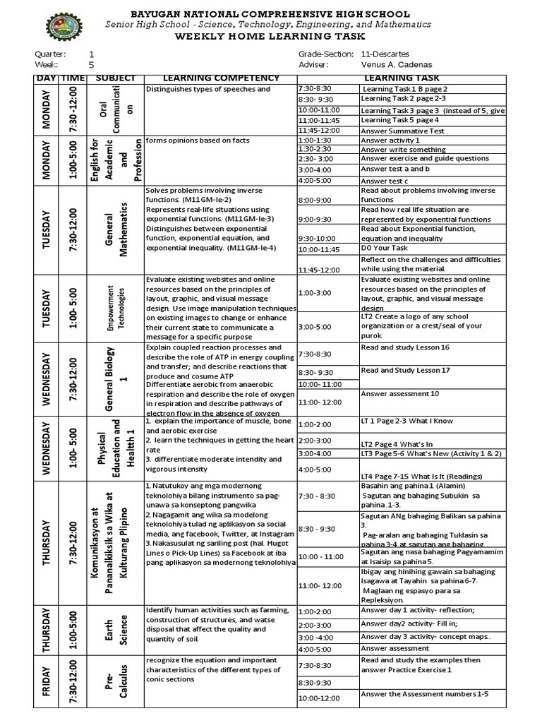 Weekly Home Learning Task: Senior High School - Science, Technology ...