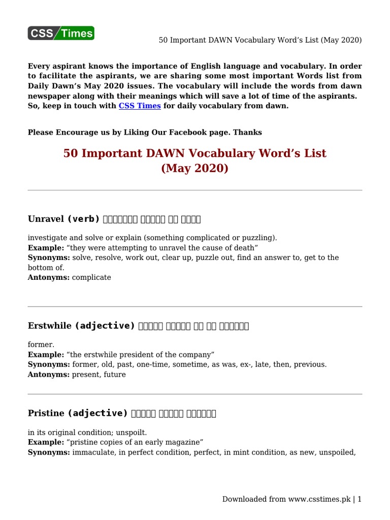 50 Important DAWN Vocabulary Word’ S List (May 2020) | PDF | Lexical ...