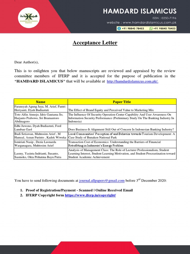 Acceptance Letter: "HAMDARD ISLAMICUS" That Will Be Available at | PDF | Economies | Communication