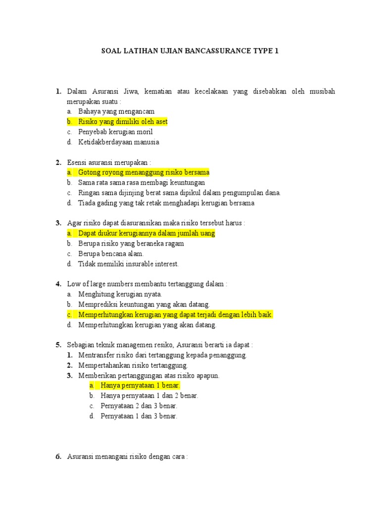 Soal Latihan Bancassurance Type 1 | PDF