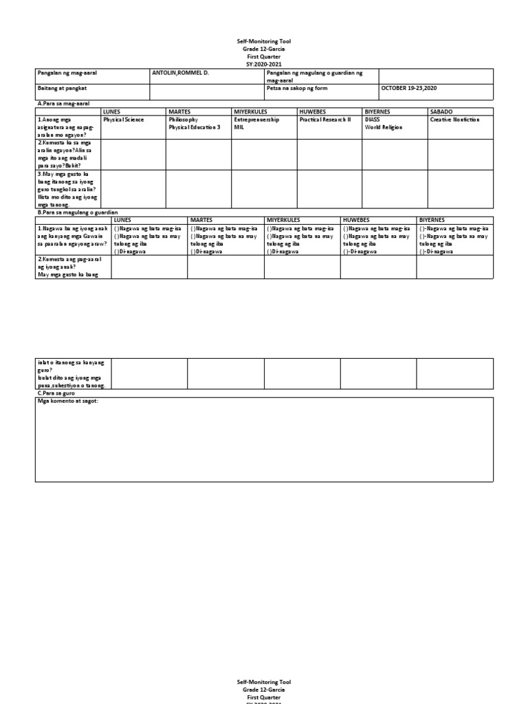 Self Monitoring Tool | PDF