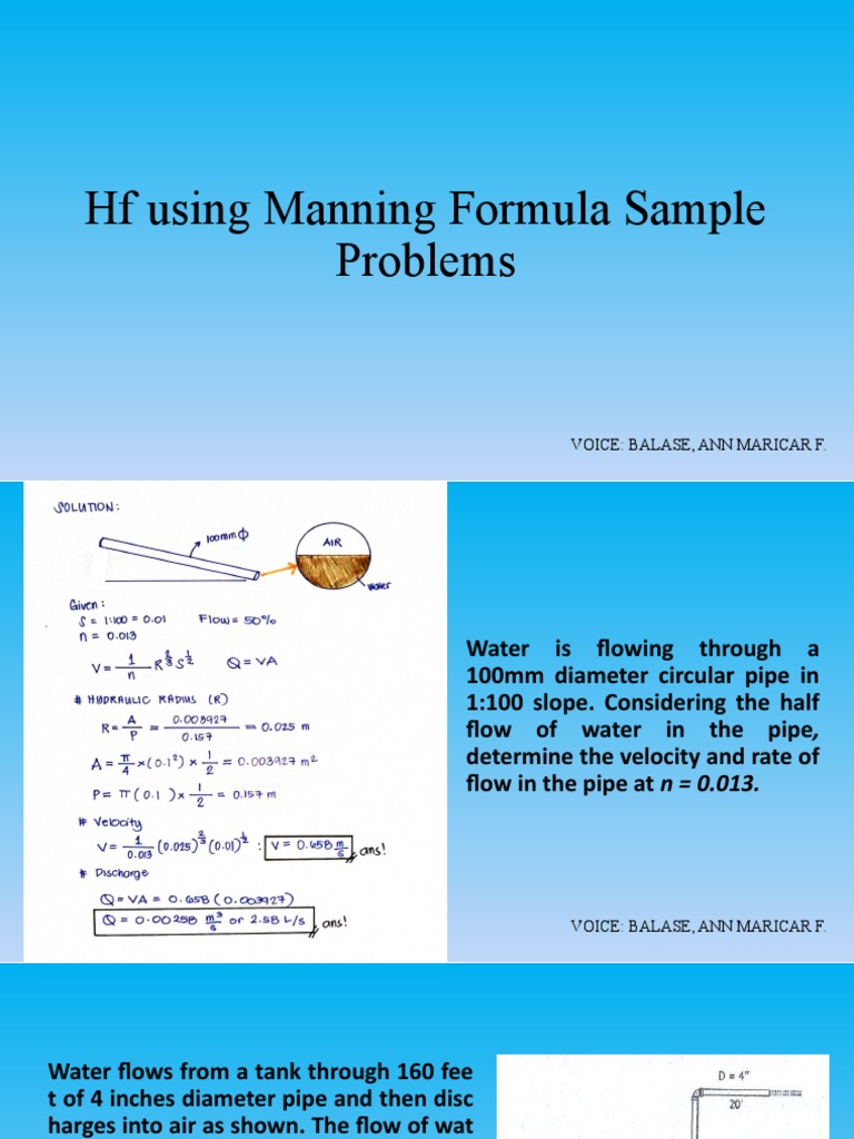 HF Using Manning Formula Sample Problems: Voice: Balase, Ann Maricar F ...