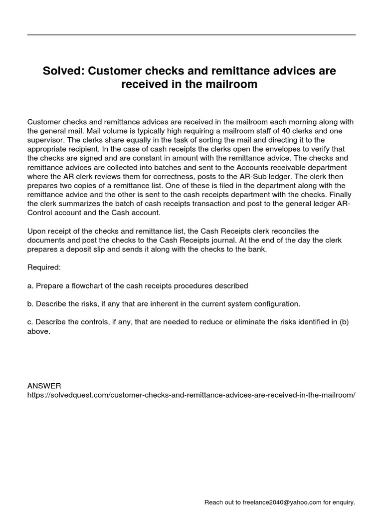 Customer Checks and Remittance Advices Are Received in The Mailroom ...