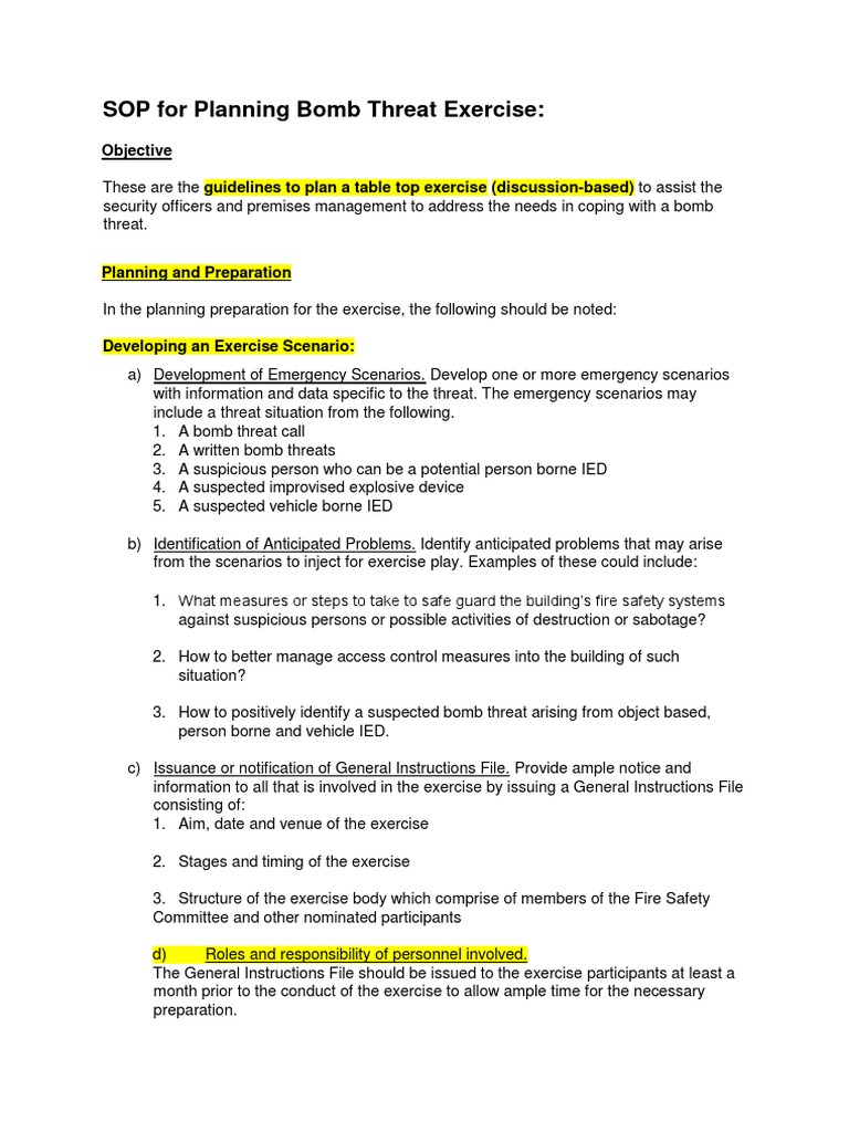 Bomb Threat Exercise Planning SOP | PDF | Emergency Evacuation ...