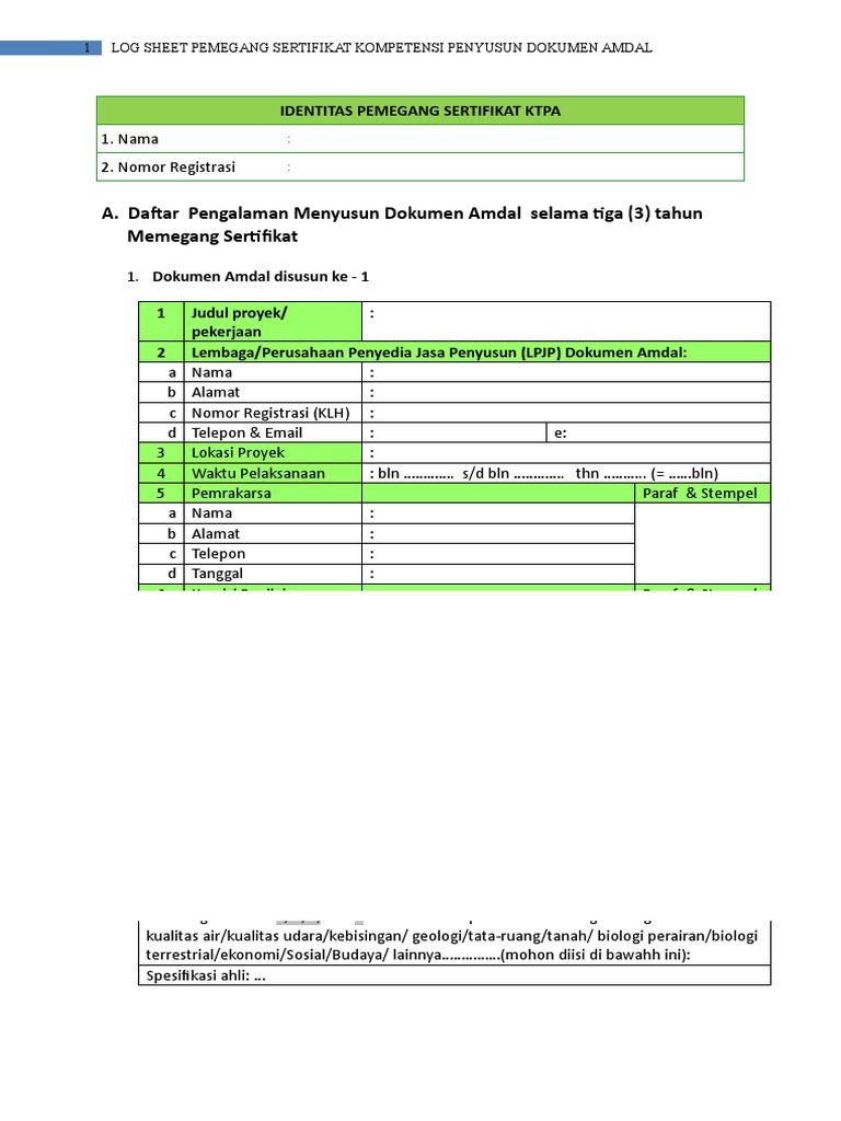 Log Sheets Pemegang Sertifikat Amdal KTPA | PDF