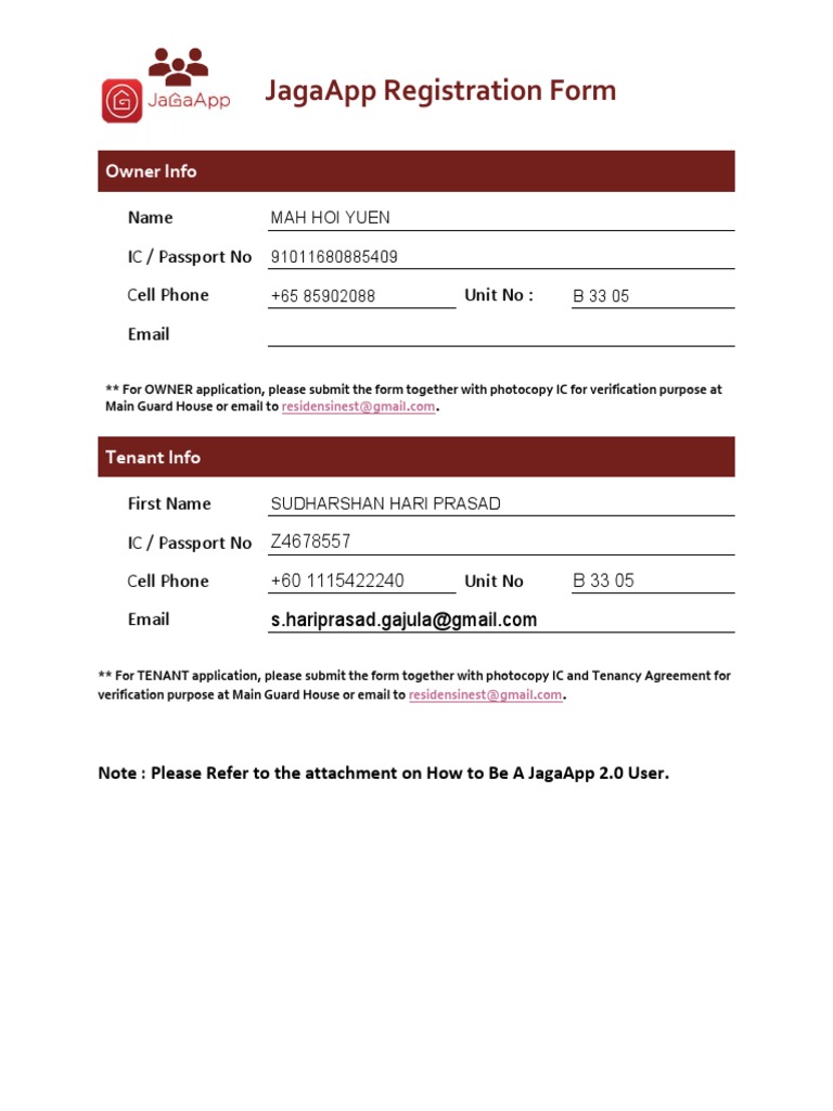 Jagaapp Registration Form: Owner Info | PDF