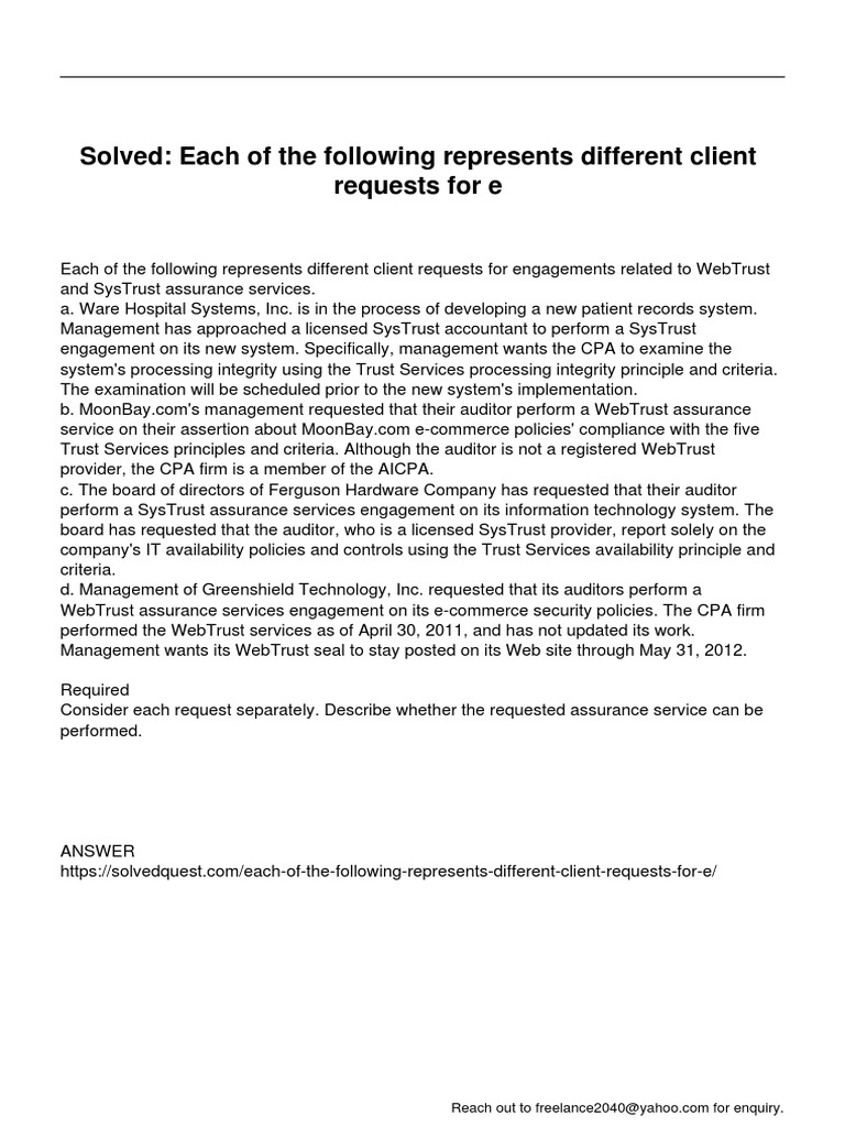 Each of The Following Represents Different Client Requests For e | PDF