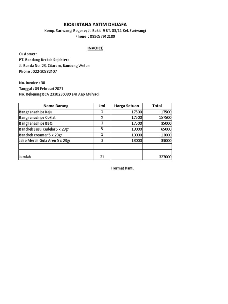 Kios Istana Yatim Dhuafa: Invoice | PDF
