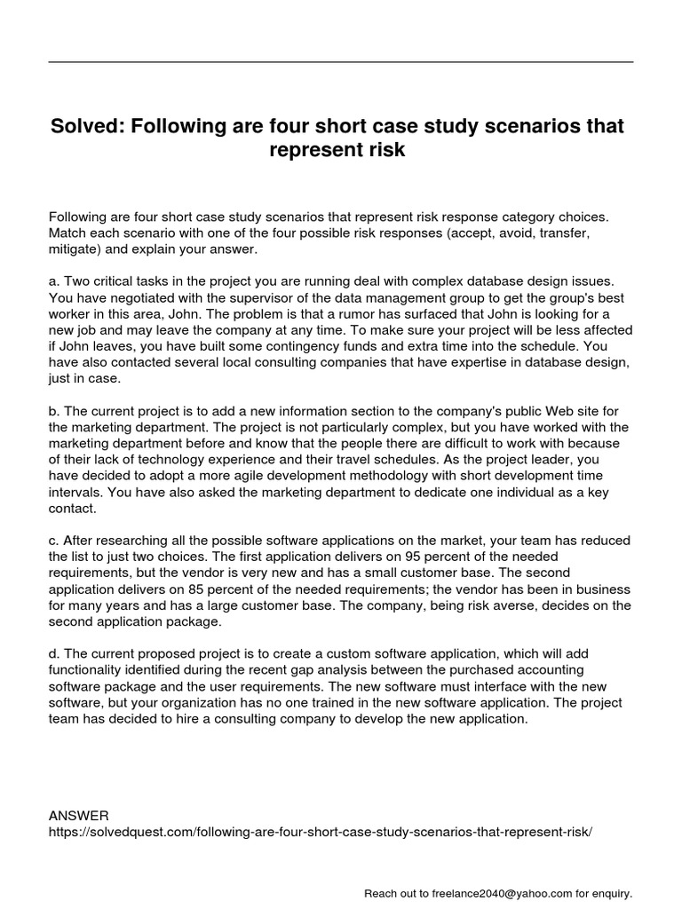 Following Are Four Short Case Study Scenarios That Represent Risk | PDF ...