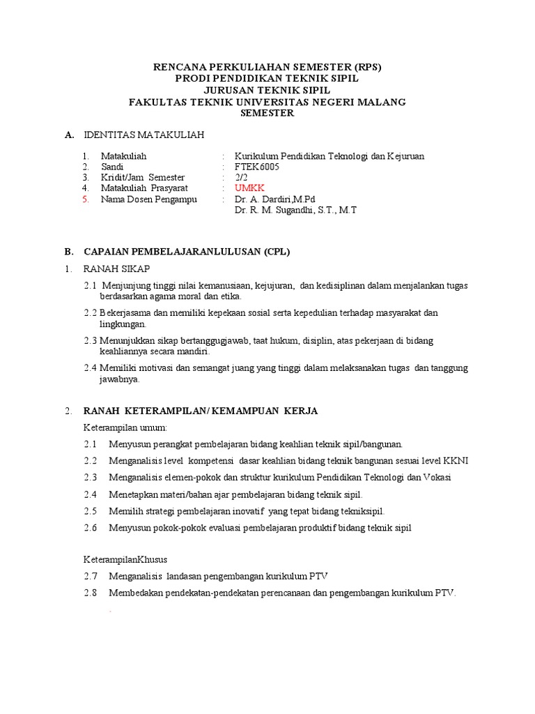 Rencana Perkuliahan Semester (RPS) Prodi Pendidikan Teknik Sipil ...