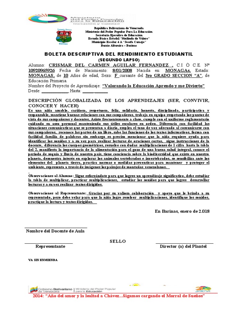 Boletas Descriptivas de Tercer Grado | PDF | Educación primaria | Venezuela