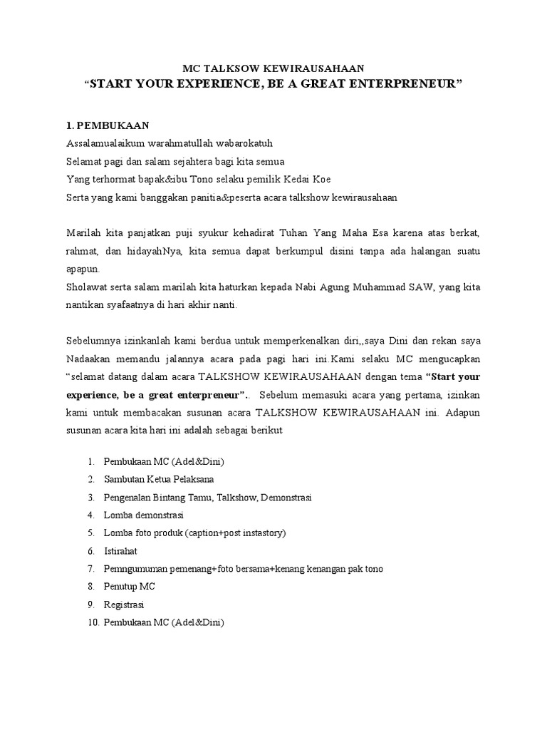 Teks MC Talkshow Kewirausahaan | PDF