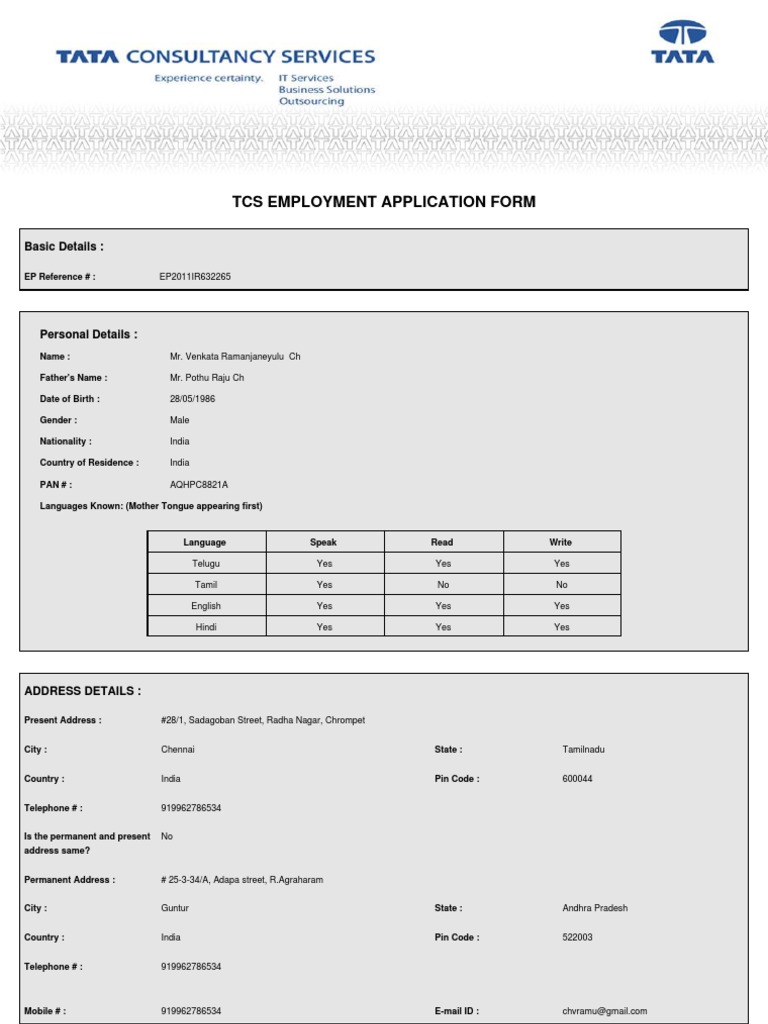 Tcs Employment Application Form: Basic Details | PDF | Background Check ...