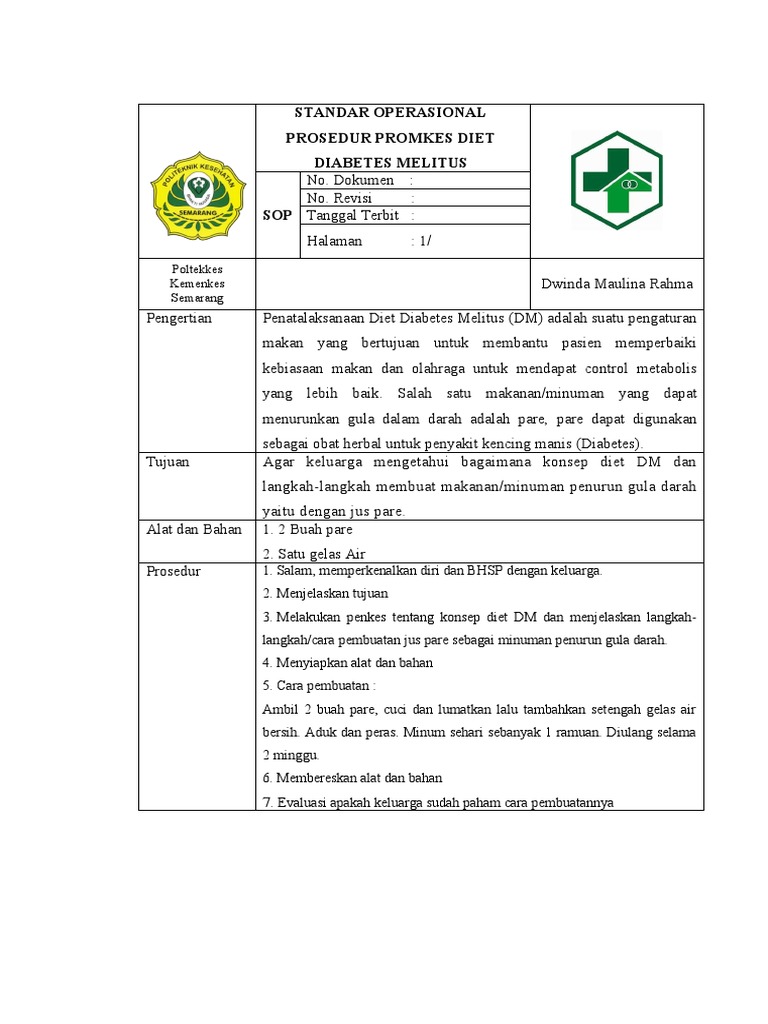 Standar Operasional Prosedur Promkes Diet Diabetes Melitus: Poltekkes ...