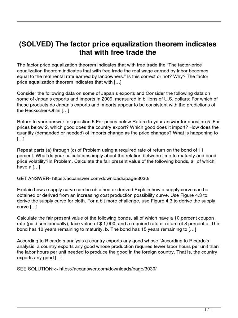 Solved The Factor Price Equalization Theorem Indicates That With Free ...