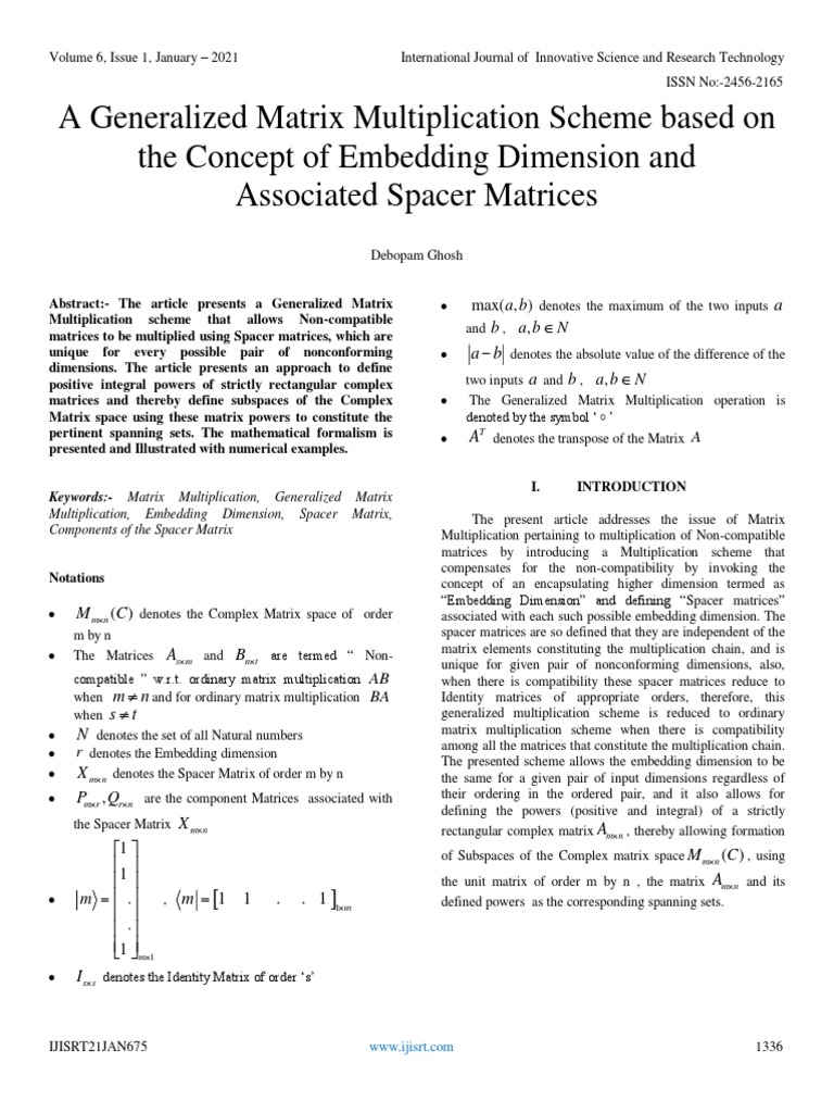 A Generalized Matrix Multiplication Scheme Based On The Concept Of Embedding Dimension And