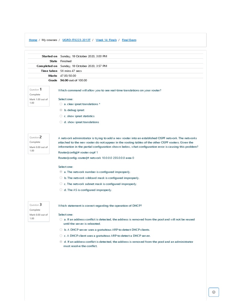 Final Exam - Attempt Review | PDF | Ip Address | Router (Computing)