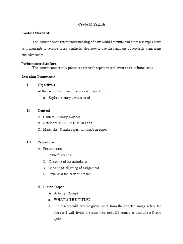 Grade 10 Literary Devices Lesson Plan | PDF