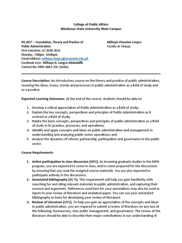 PA 201 Course Syllabus | PDF | Public Administration | Concept
