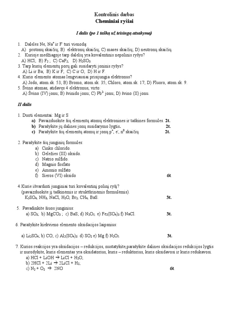 Kontrolinis Darbas Cheminiai Rysiai 1 | PDF