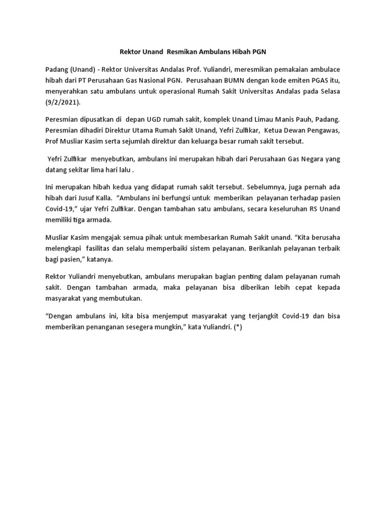 Rektor Unand Resmikan Ambulans Hibah PGN | PDF