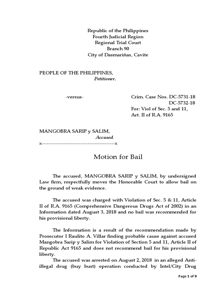 Motion For Bail Mangobra | PDF | Hearsay | Bail