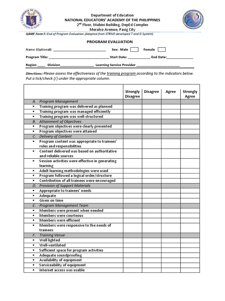 NEAP Training Program Evaluation Form | PDF | Program Evaluation ...