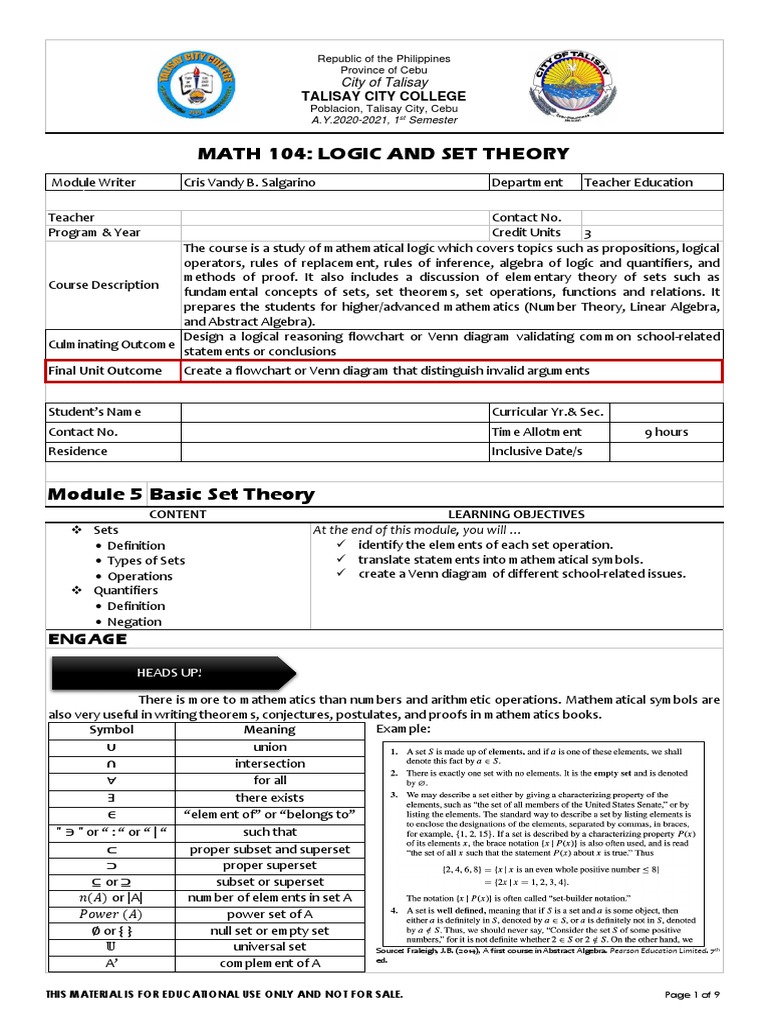 MODULE 5 Logic and Set Theory | Download Free PDF | Set (Mathematics ...