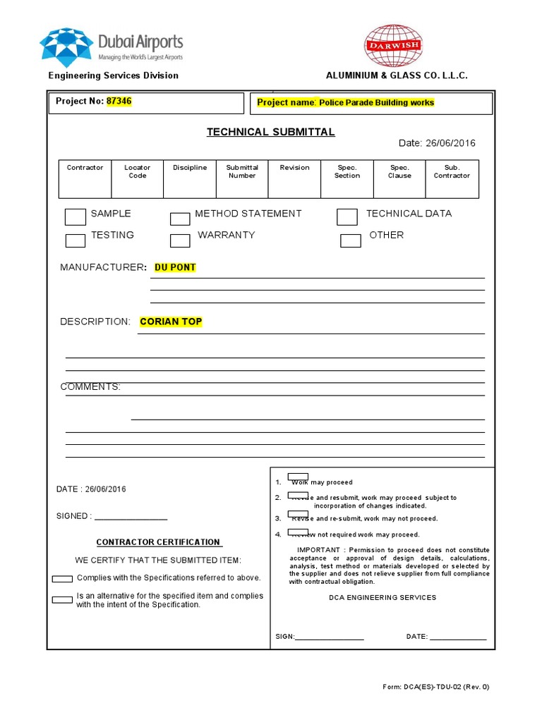 Technical Submittal for Corian Top | PDF | Specification (Technical ...