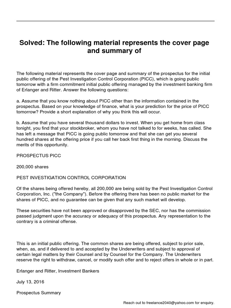 The Following Material Represents The Cover Page and Summary of | PDF ...